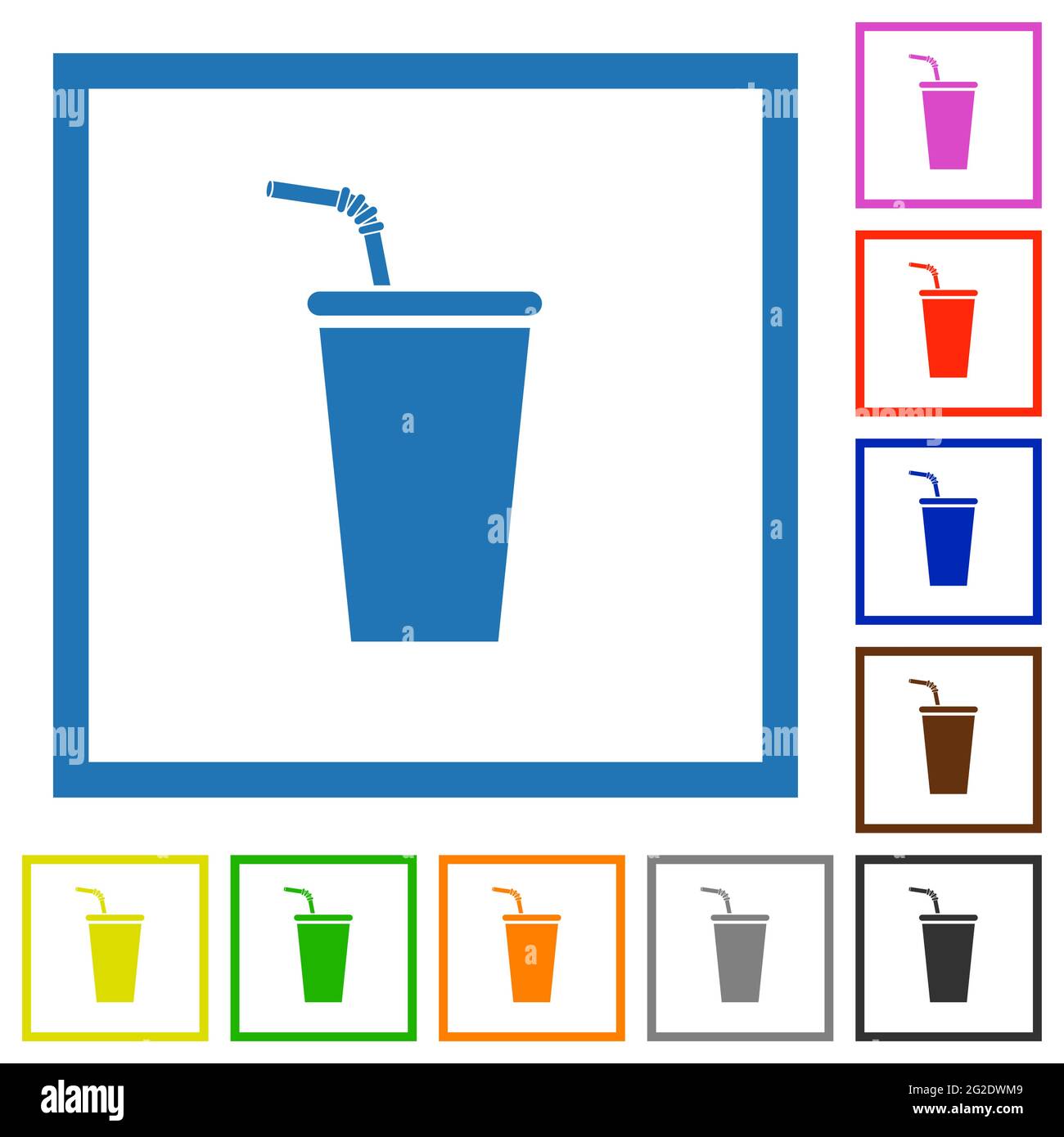 Disposable drinking cup with straw flat color icons in square frames on ...