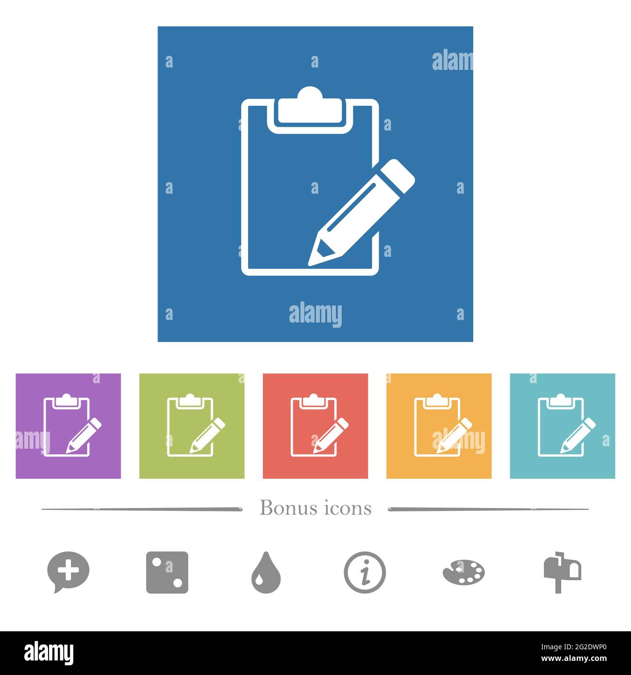 Blank notepad with pencil flat white icons in square backgrounds. 6 ...