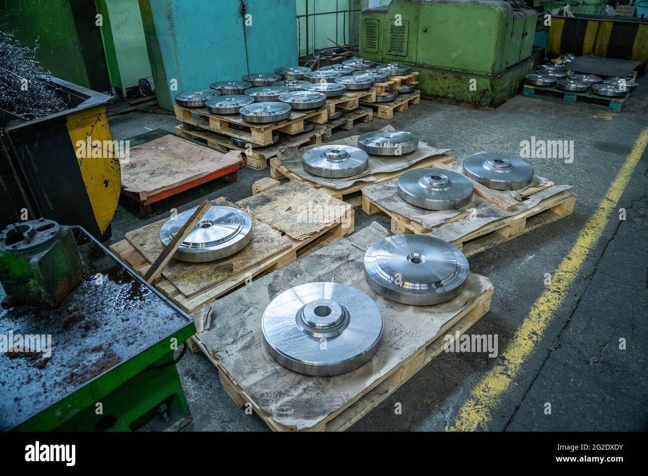 Steel round products in metal processing plant or factory close up ...