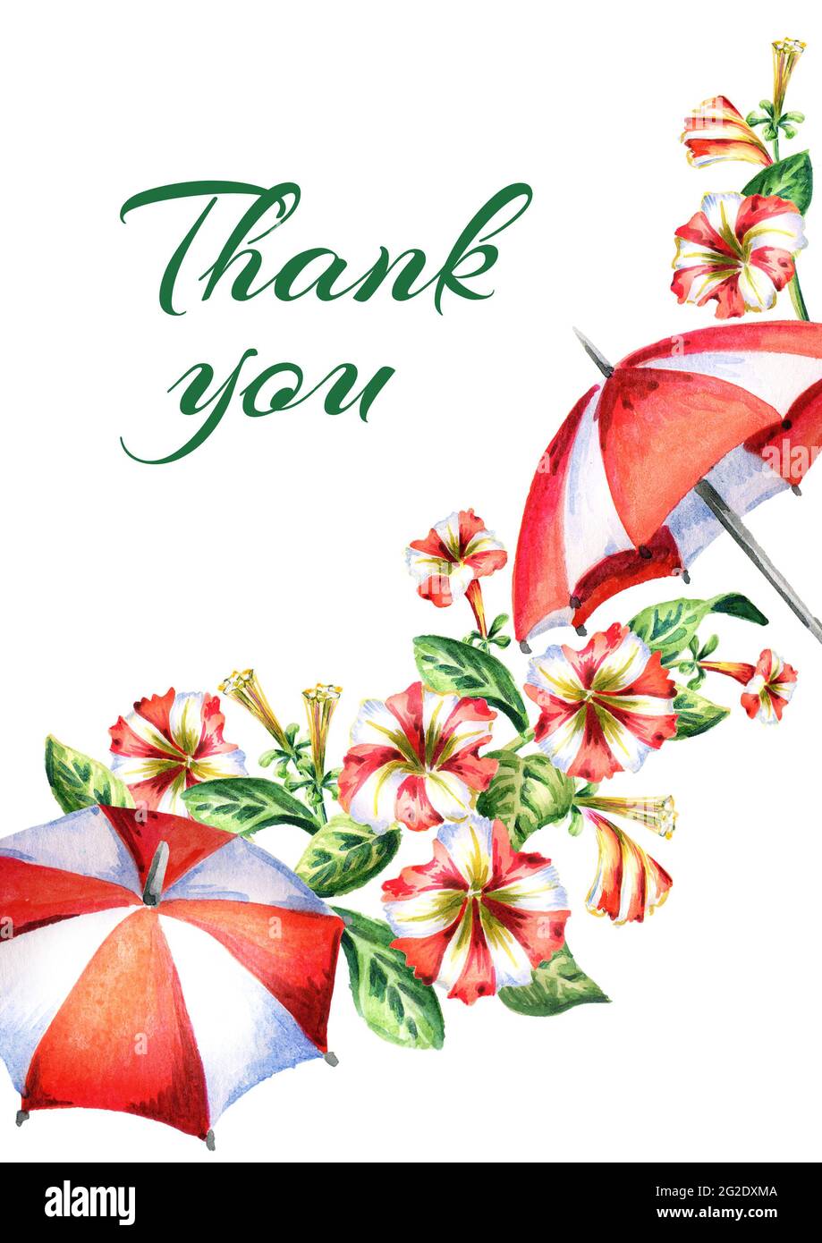 Red and white flowers and umbrellas card. Watercolor template Stock ...