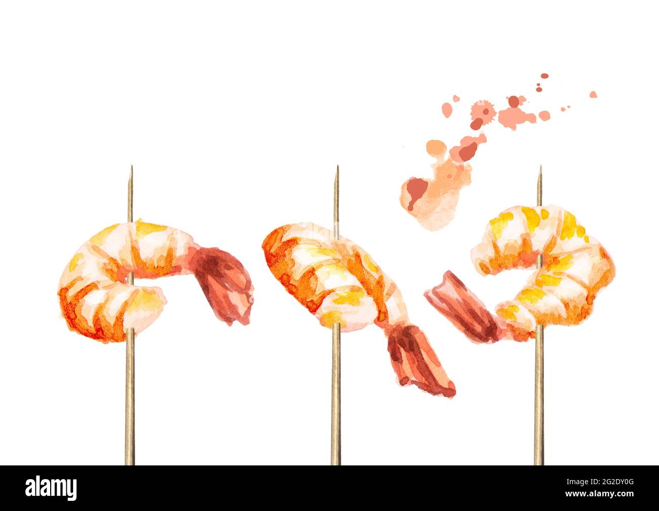 Cooked shrimp on a skewer isolated on white background set. Watercolor ...