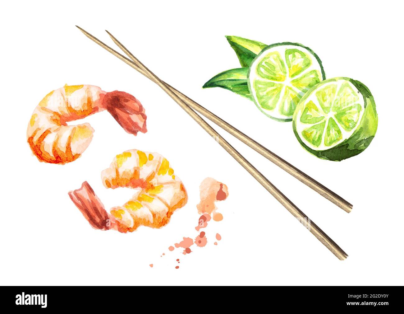 Cooked shrimp with lime. Isolated on white background. Top view ...