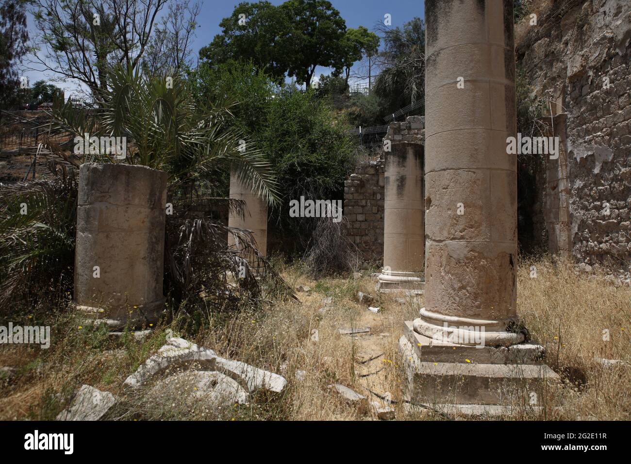 Columns and neglected & abandoned ruins of the New or Nea Church of ...