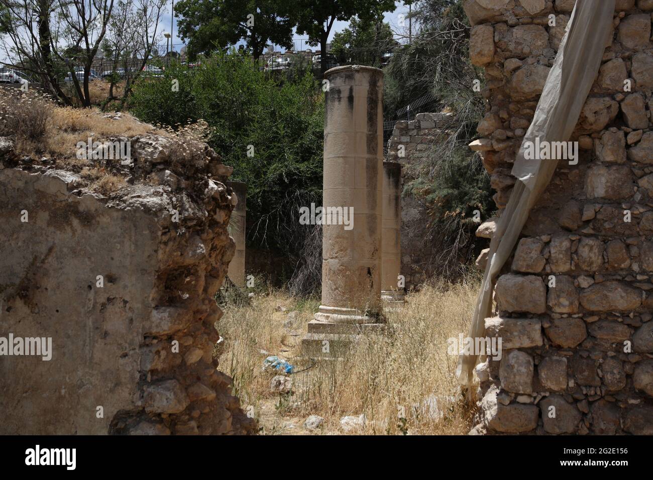 Columns and neglected & abandoned ruins of the New or Nea Church of ...
