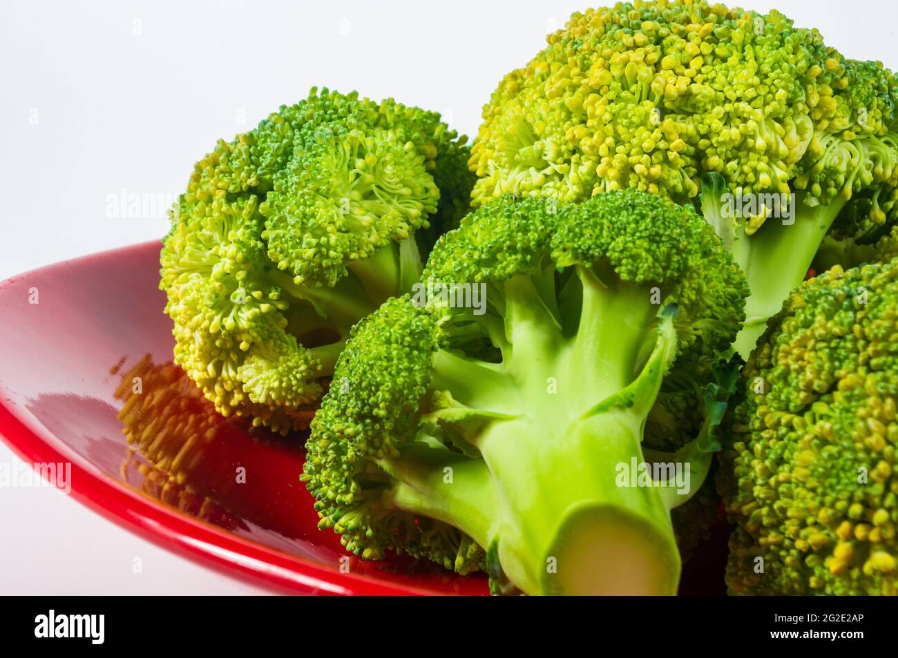 Sliced raw fresh head of broccoli cabbage in a red plate on white ...