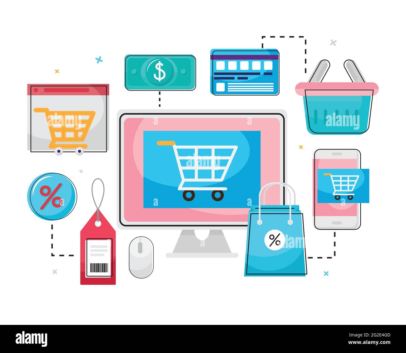 shopping cart in computer with icon collection Stock Vector Image & Art ...