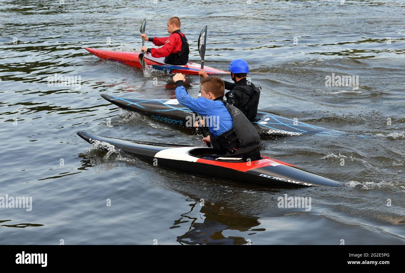 Canadian single kayak seen during the training.Rowers and canoeists ...