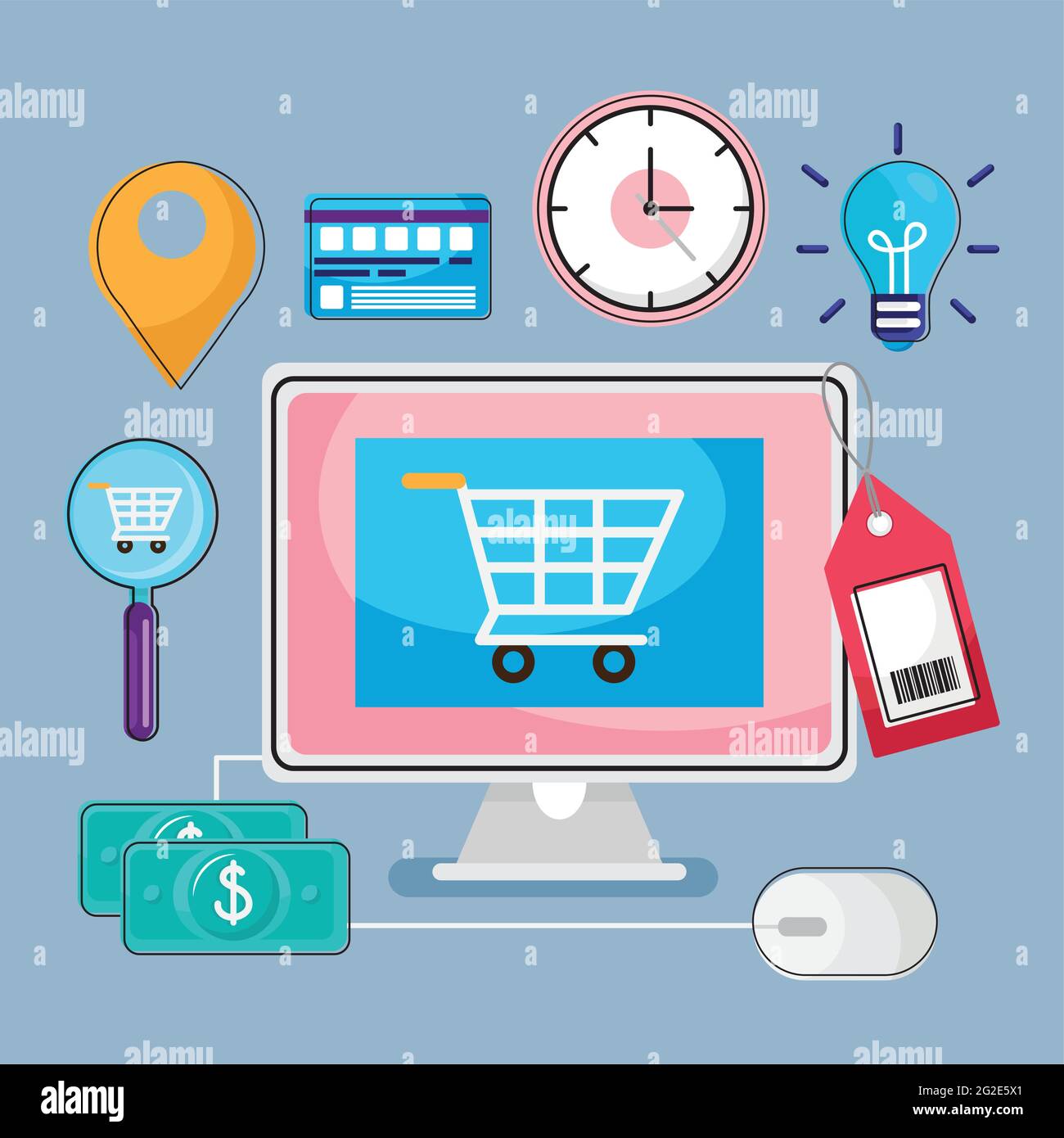 shopping cart in computer with icon set Stock Vector Image & Art - Alamy