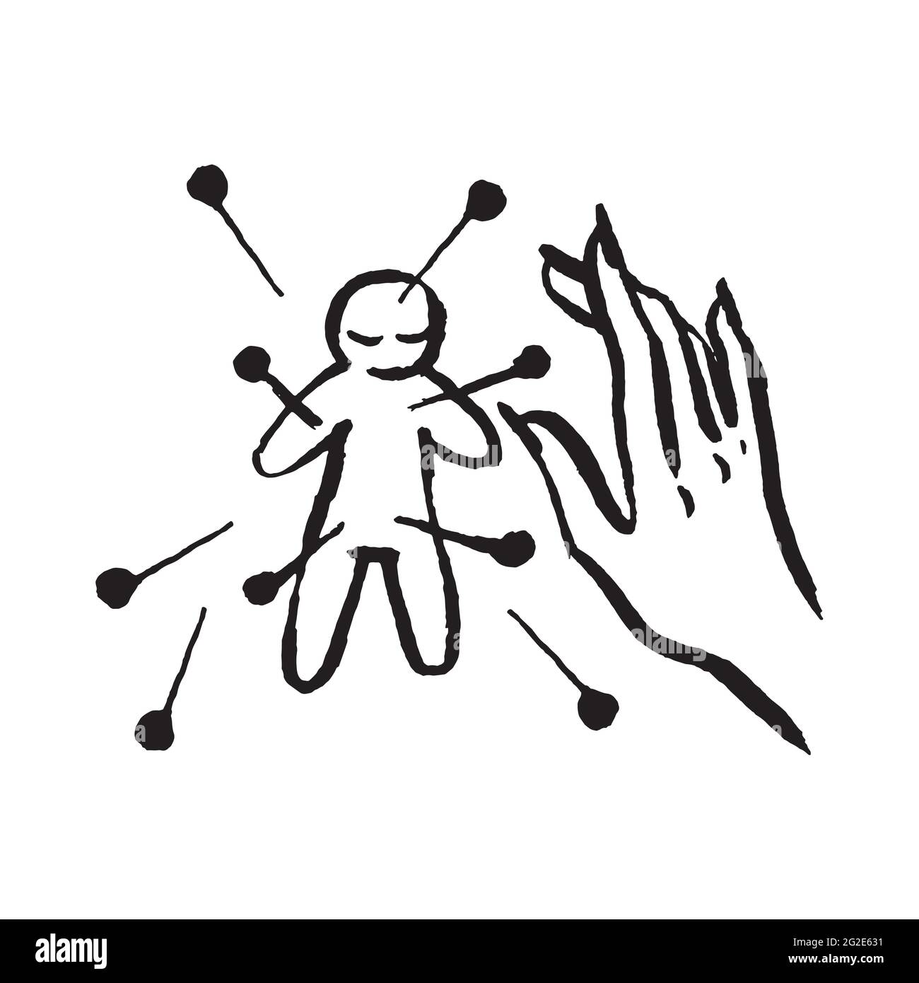 Magic mystical witch voodoo doll with pins hand drawn illustration ...