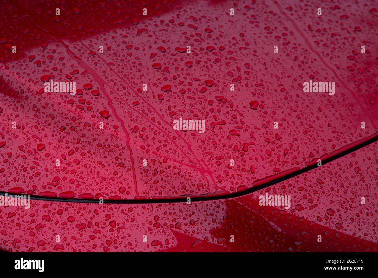 The surface of the car in raindrops. The red car is covered with water ...