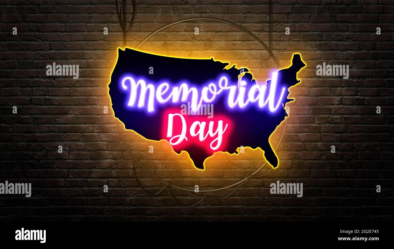 memorial day sign emblem in neon style on brick wall background Stock ...