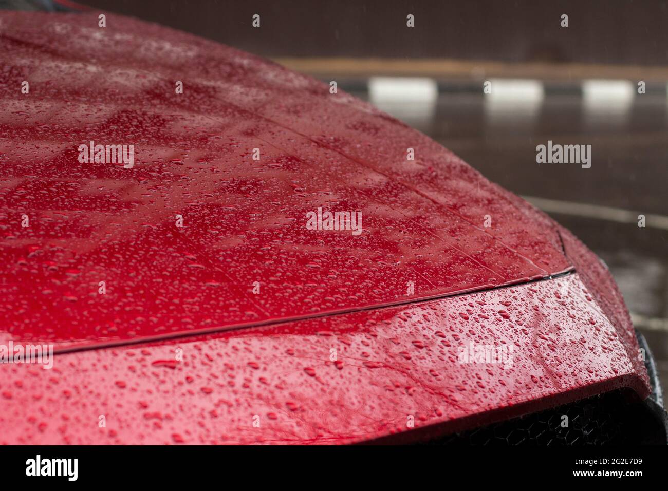 The surface of the car in raindrops. The red car is covered with water ...