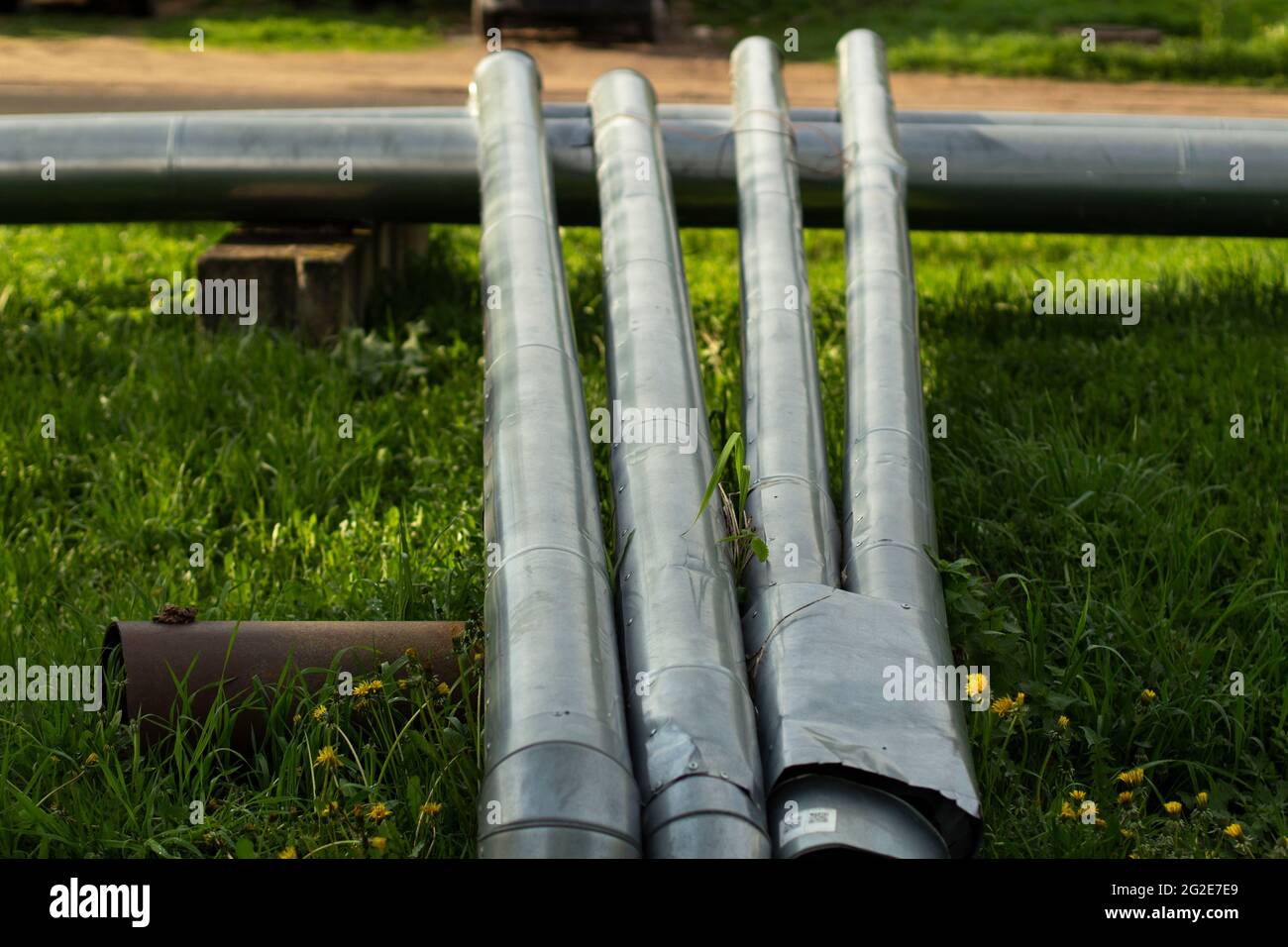 Heating pipes on the surface. Hot water supply. The heating main is ...