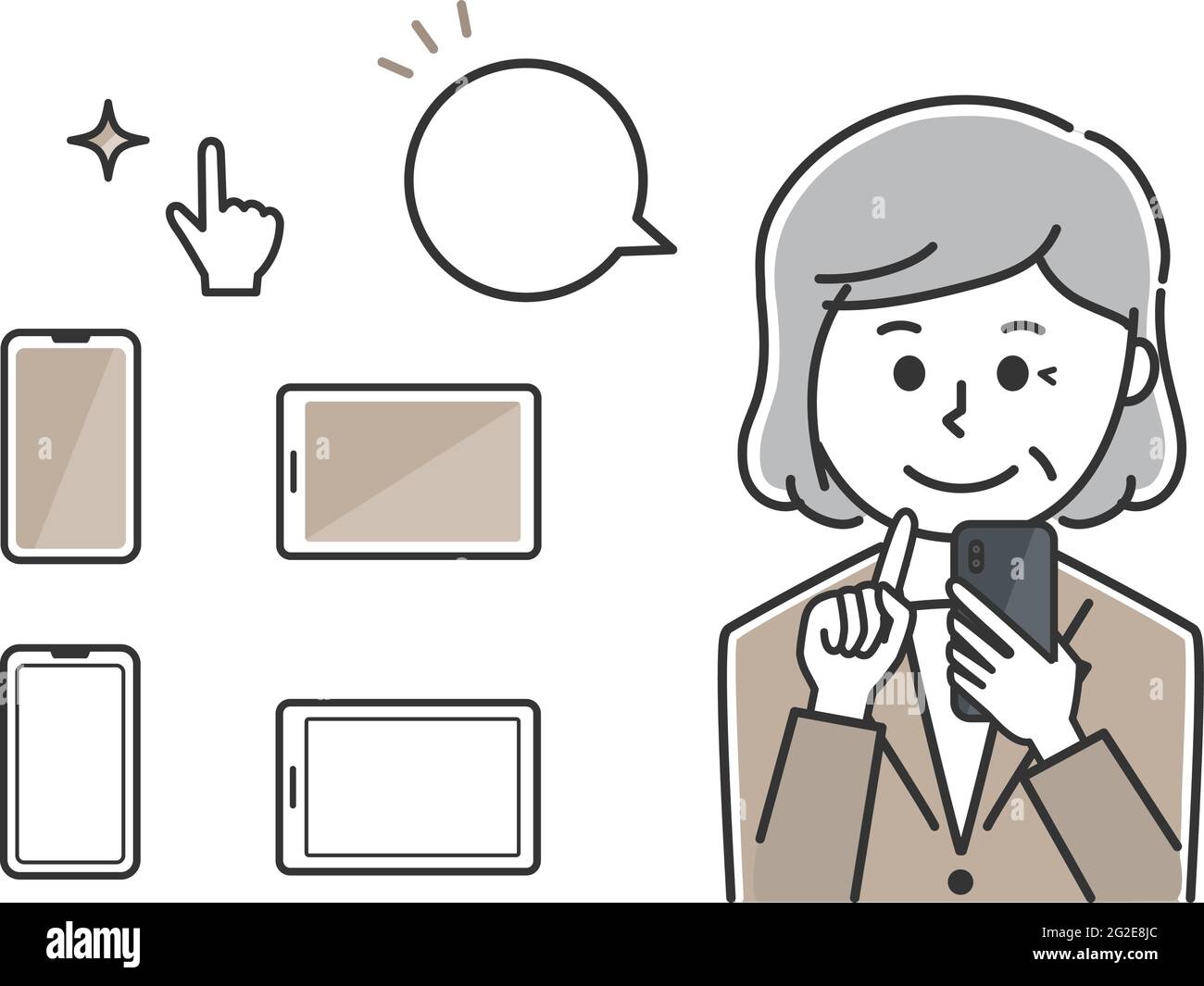 Woman tapping a mobile phone with a speech bubble. Vector illustration ...