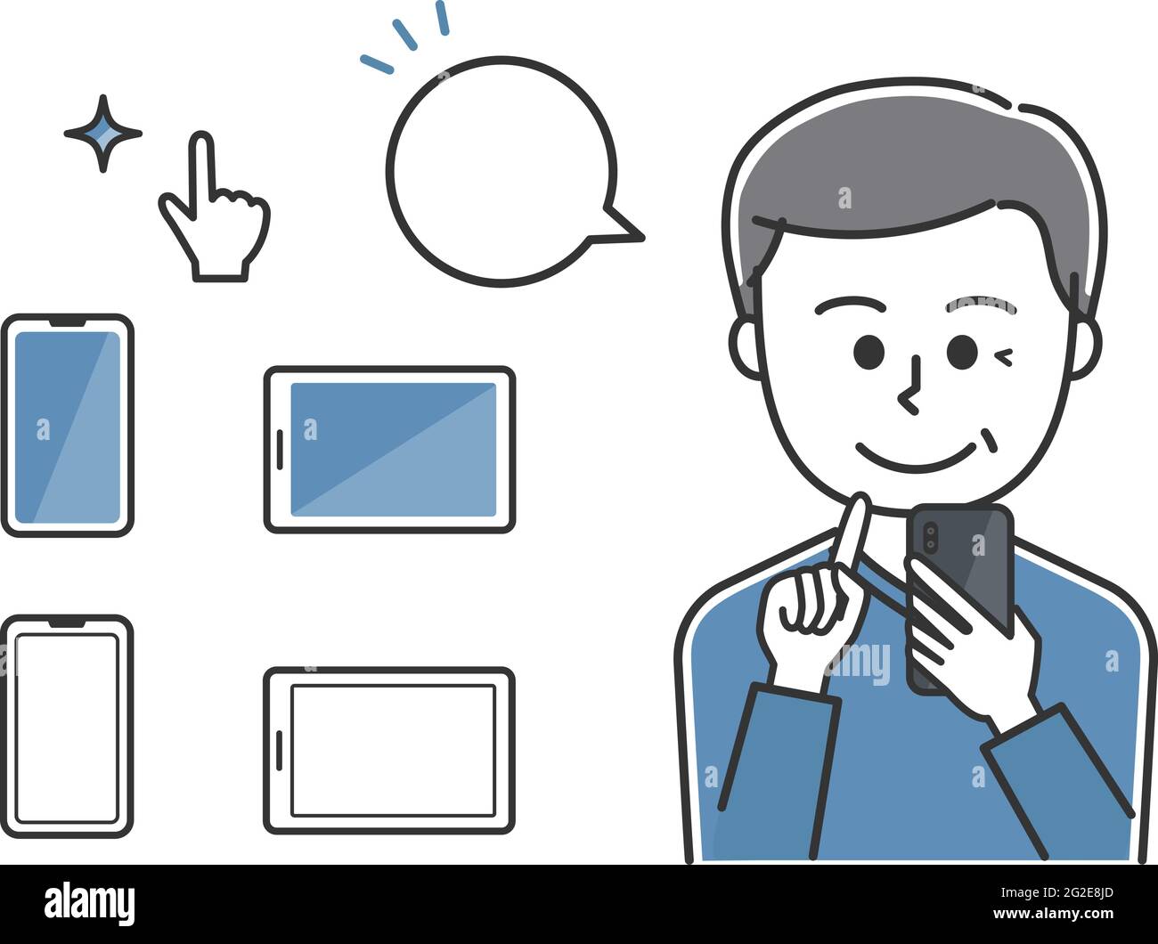 Man tapping a mobile phone with a speech bubble. Vector illustration ...