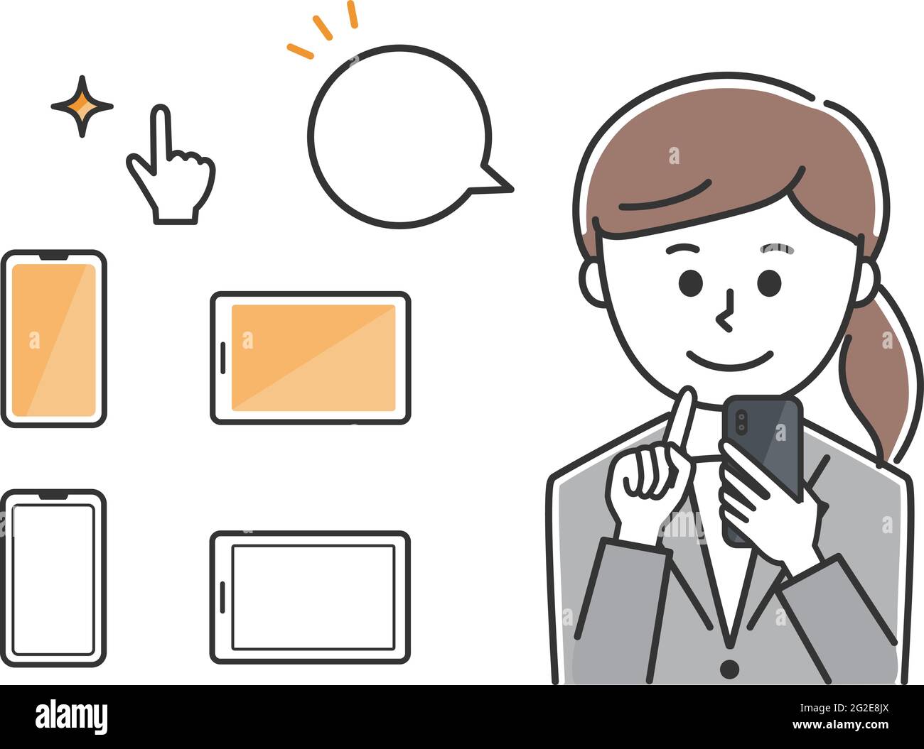 Office worker tapping a mobile phone with a speech bubble. Vector ...