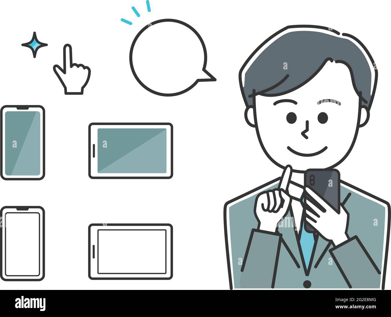 Young man tapping a mobile phone with a speech bubble. Vector ...