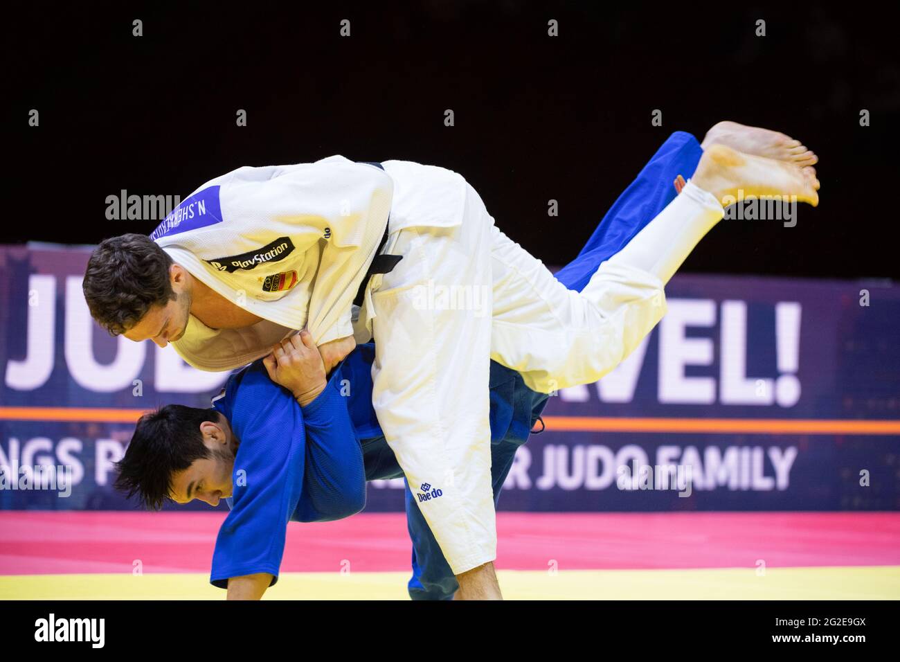 Spain's Nikoloz Sherazadishvili, men -90 kg, white, vs Uzbekistan's Davlat Bobonov, men -90 kg ...