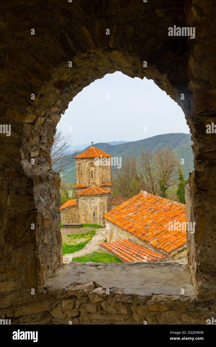 View from arched window of ancient Church of Archangel in Nekresi ...