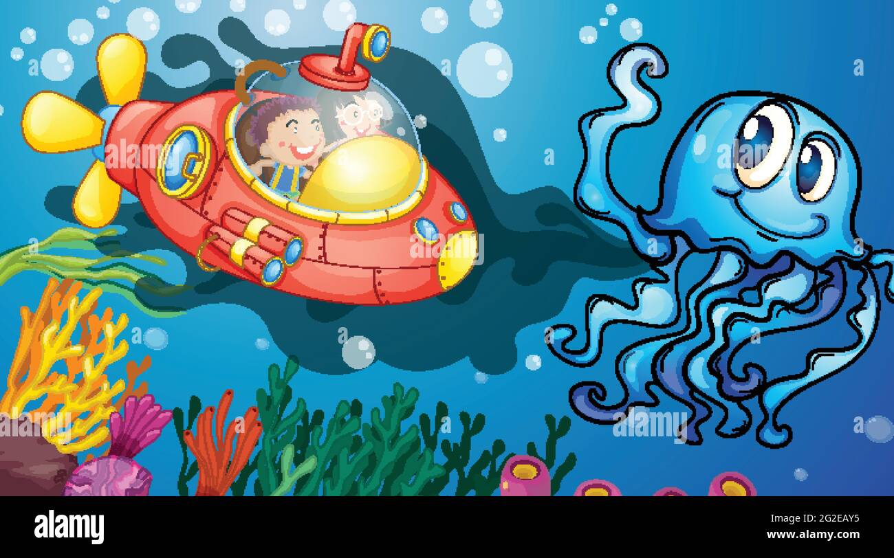 Underwater scene with happy kids in submarine exploring undersea ...