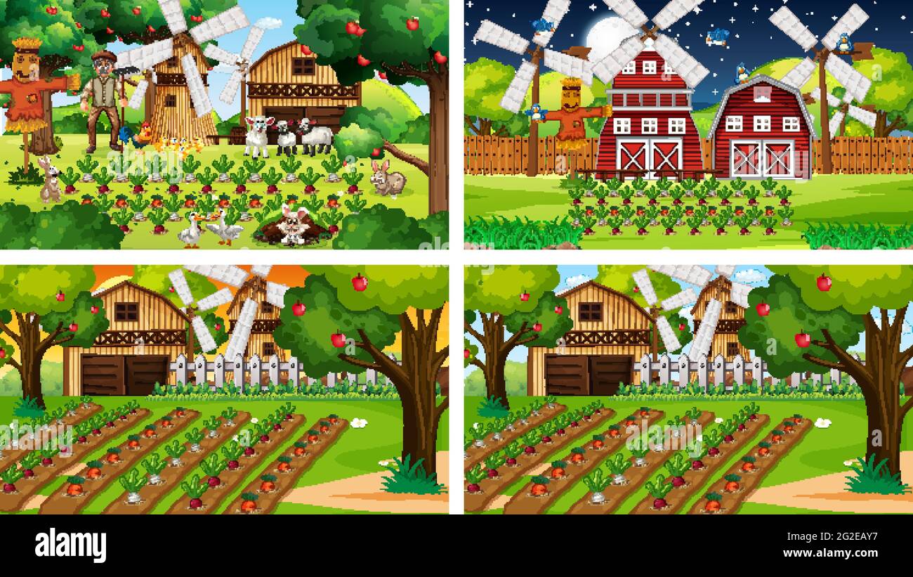 Different farm scenes with old farmer and animal cartoon character ...