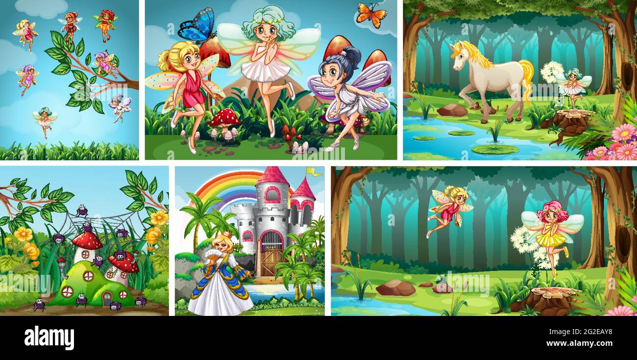 Set of different fairy fantasy scene illustration Stock Vector Image ...