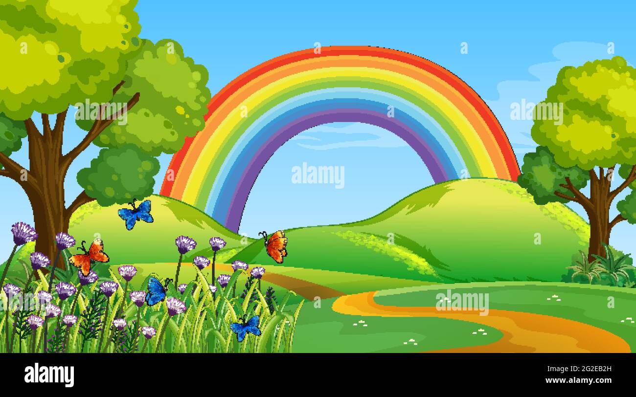 Nature park scene background with rainbow in the sky illustration Stock ...