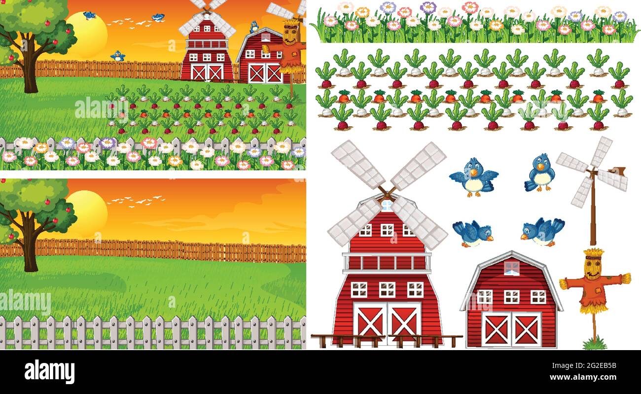 Farm element set isolated with farm scence illustration Stock Vector ...