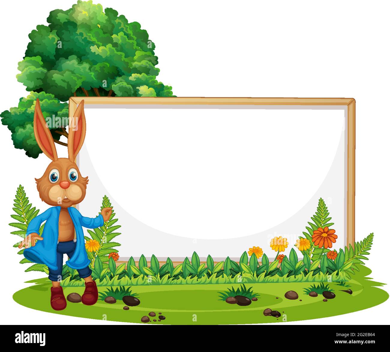 Blank banner in the garden with a rabbit isolated illustration Stock ...