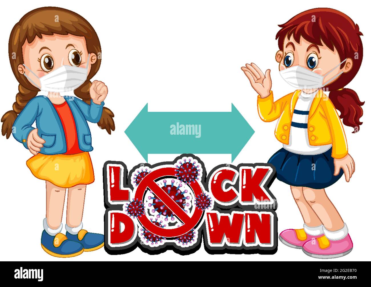 Lockdown font in cartoon style with two kids keeping social distance ...
