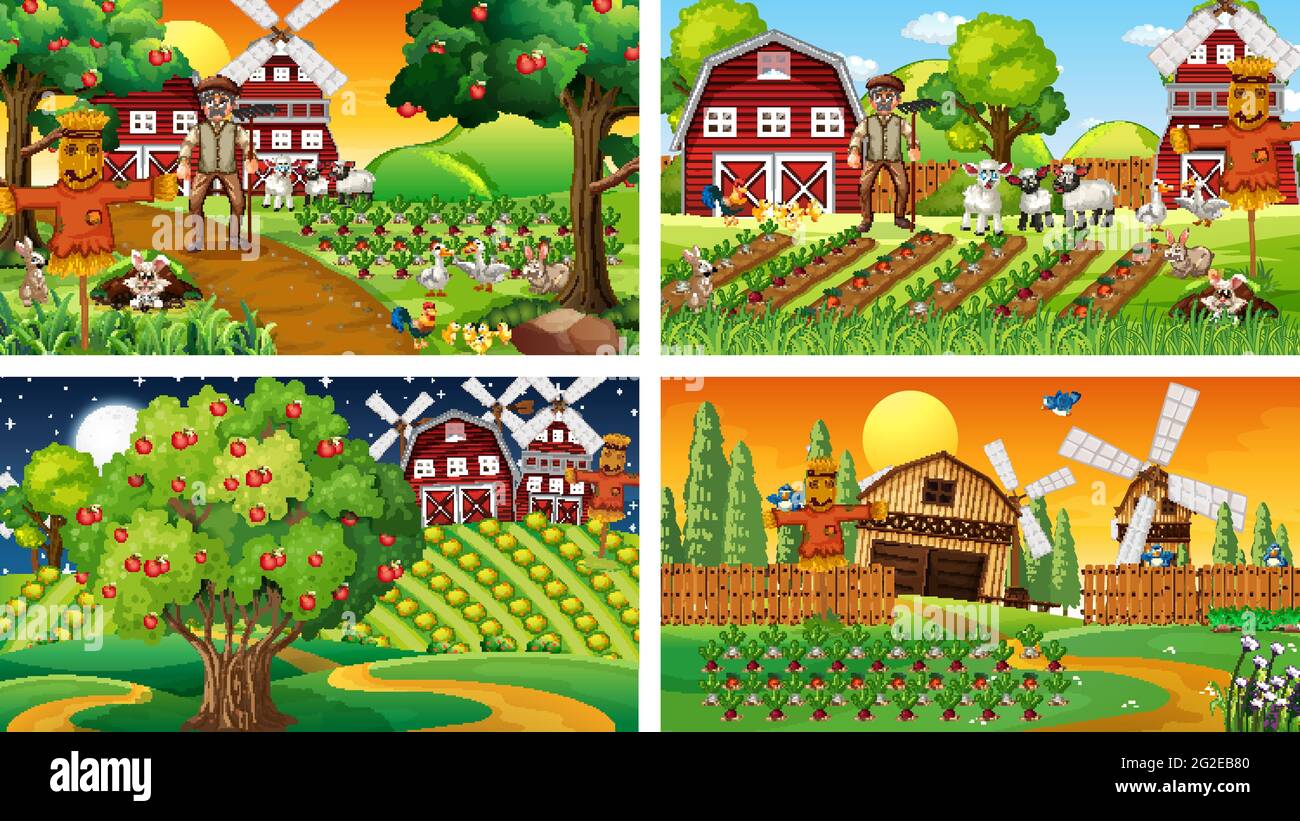 Different farm scenes with old farmer and animal cartoon character ...