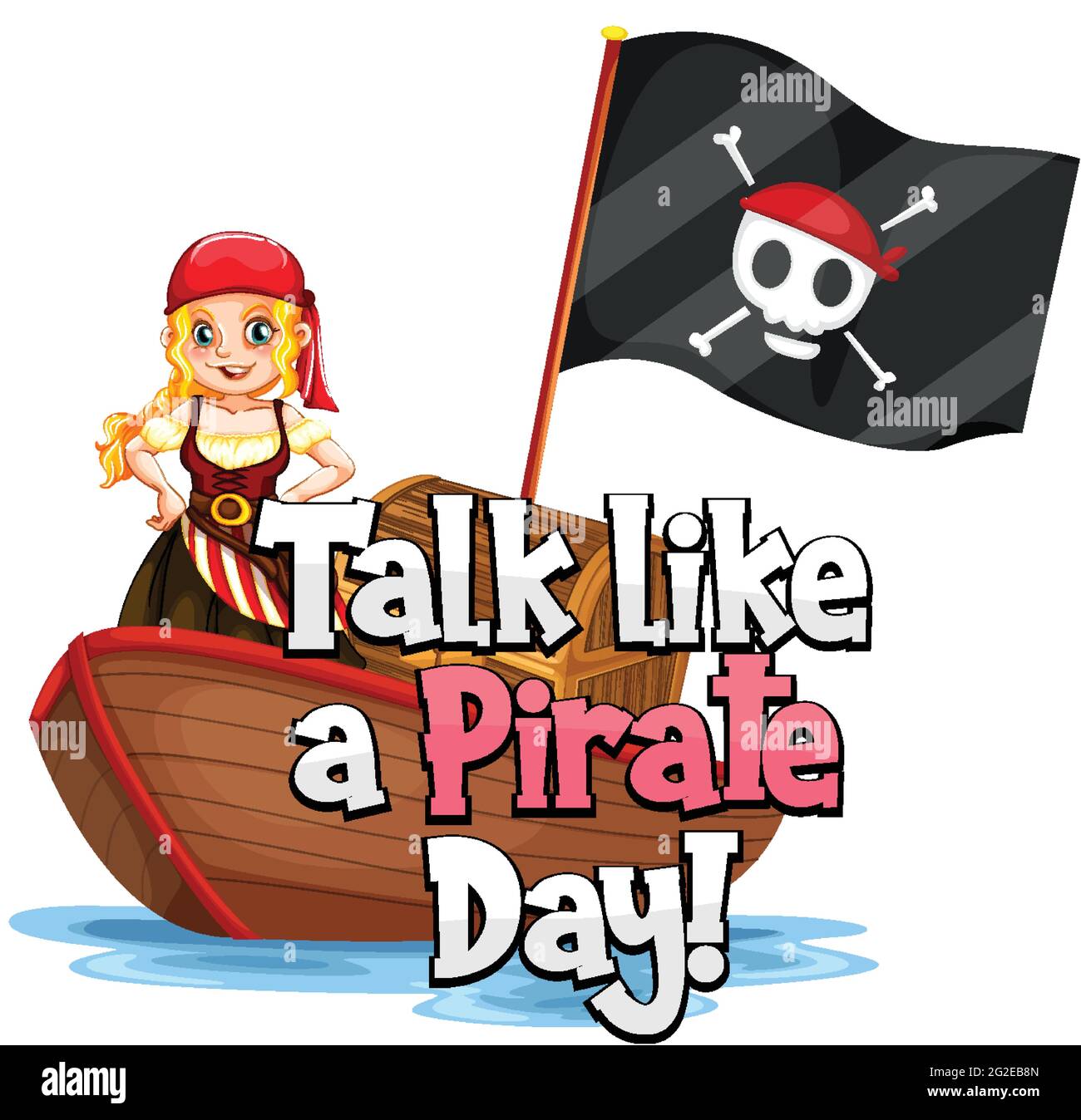 Talk like a pirate day font with a pirate girl on the ship isolated ...
