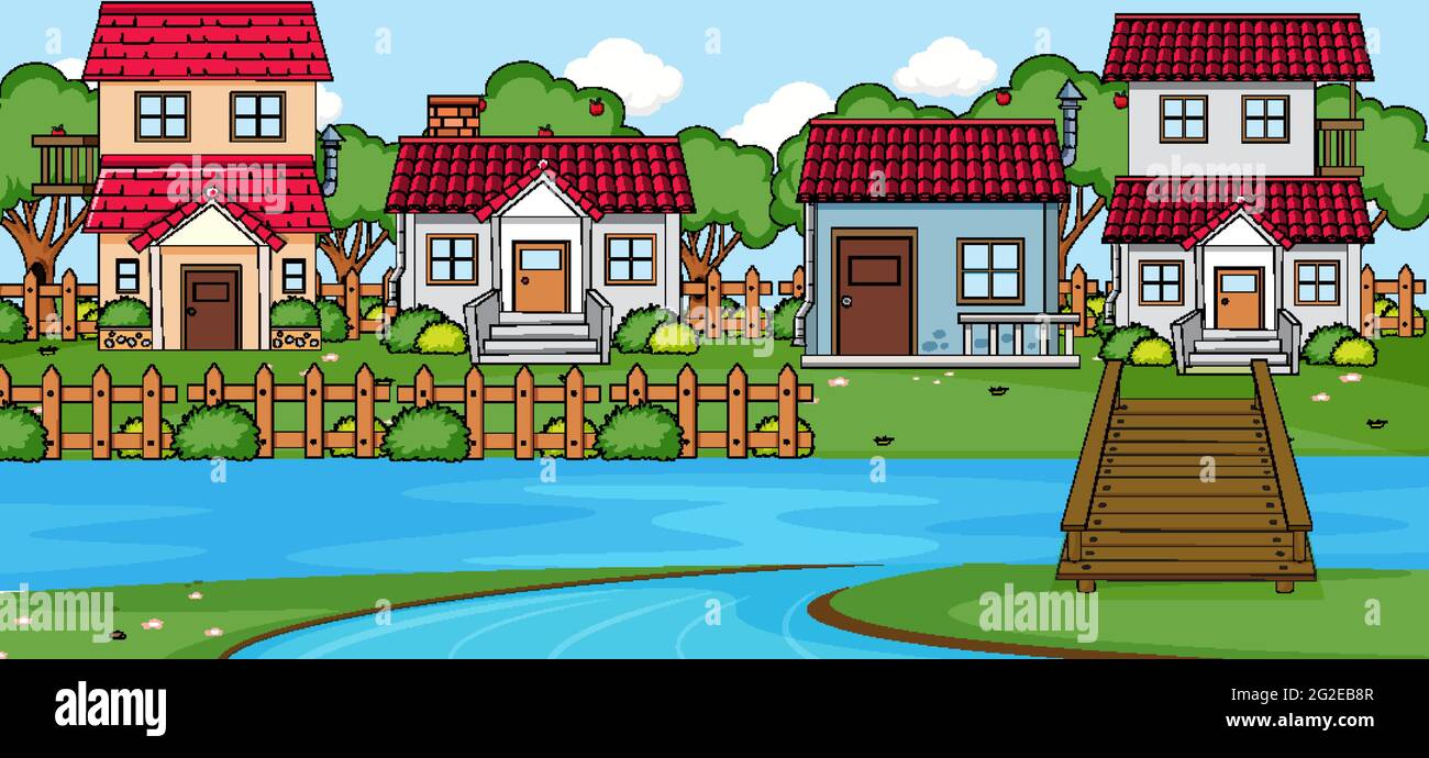 Horizontal scene with many houses and river illustration Stock Vector ...