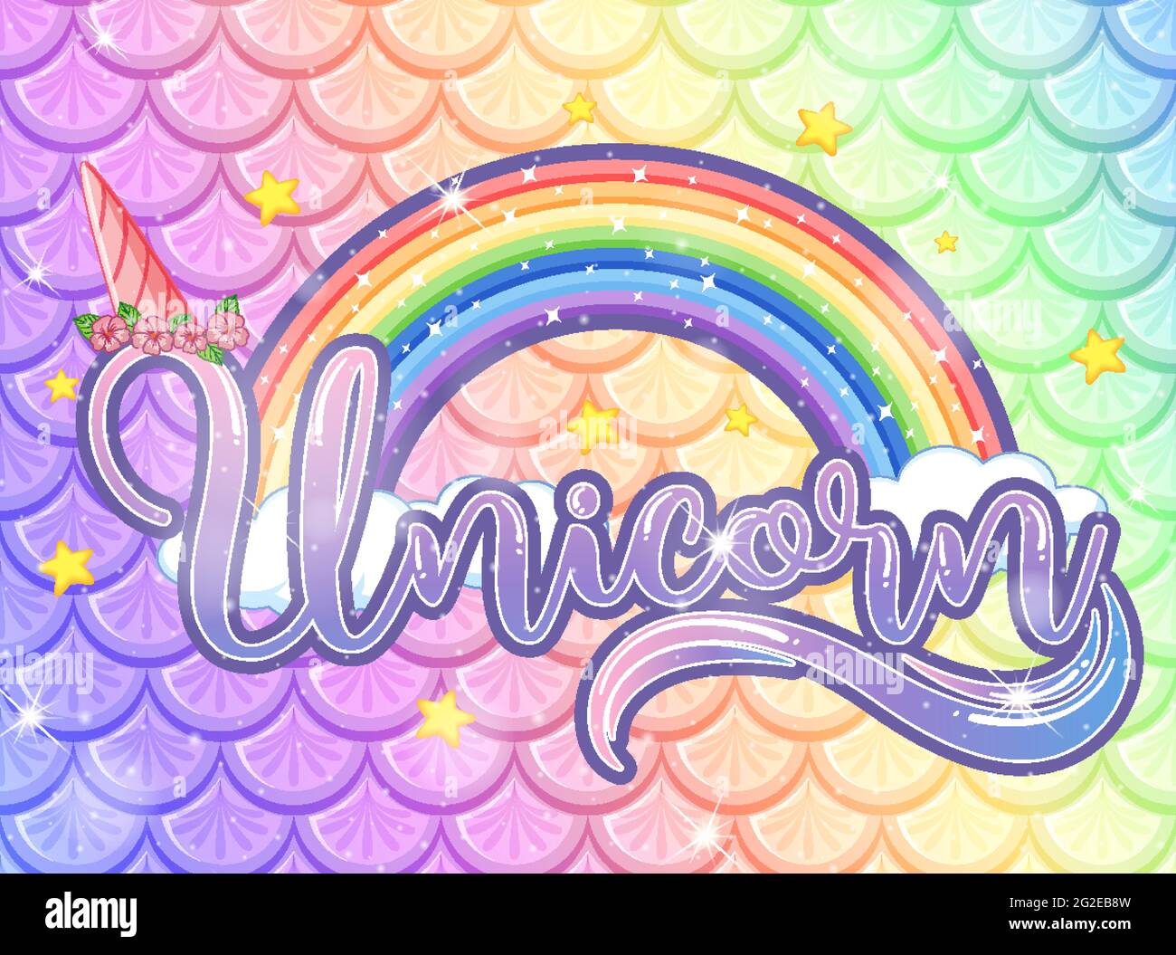 Unicorn font on pastel rainbow fish scales background illustration ...