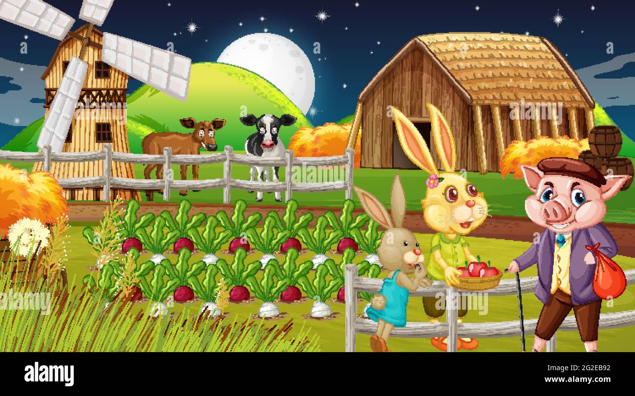Farm at night scene with rabbit family and a pig cartoon character ...