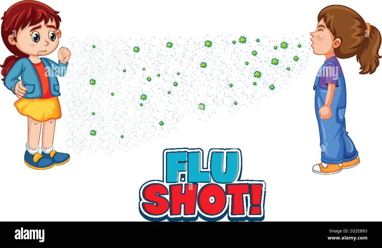 Flu Shot font in cartoon style with a girl look at her friend sneezing ...