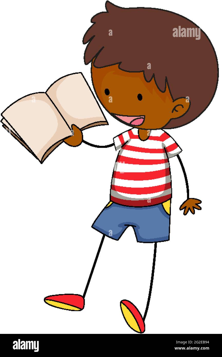 A doodle kid reading a book cartoon character isolated illustration ...