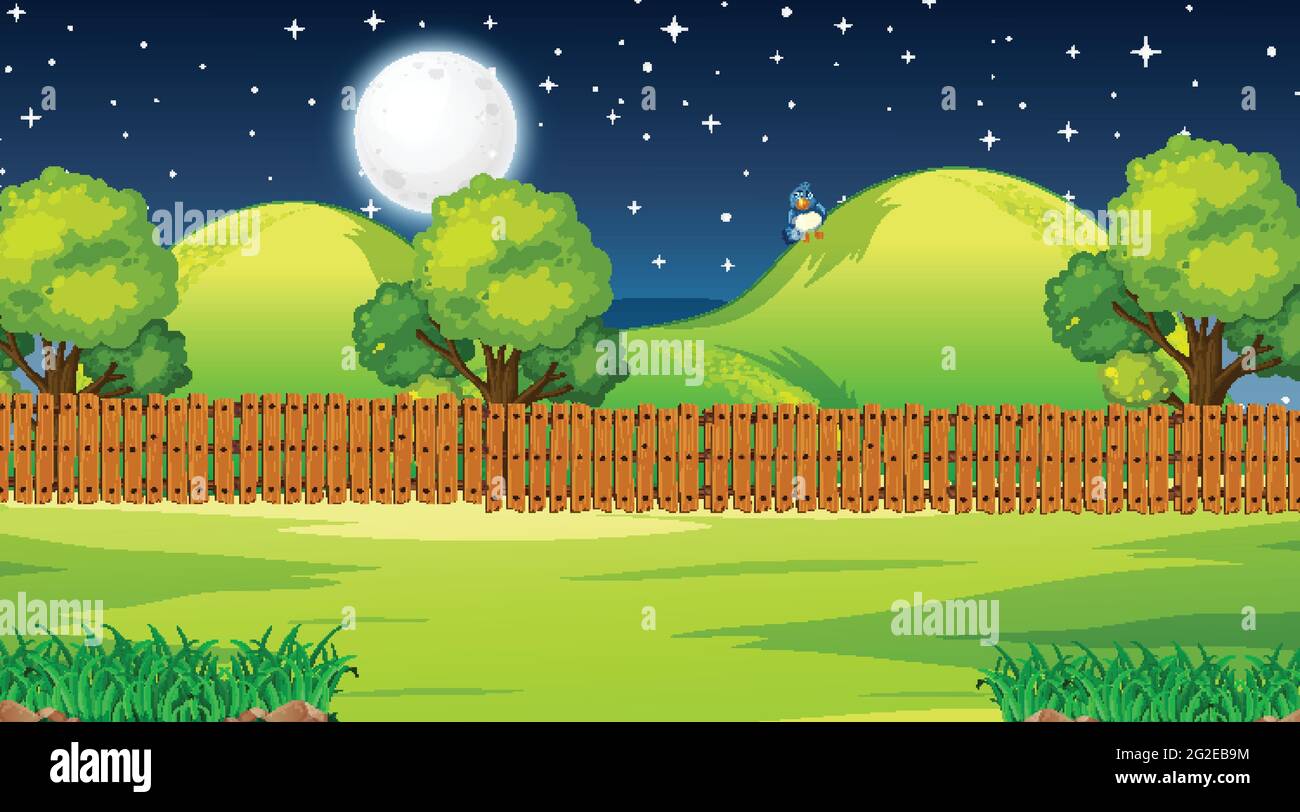 Blank nature park landscape scene at night time illustration Stock ...