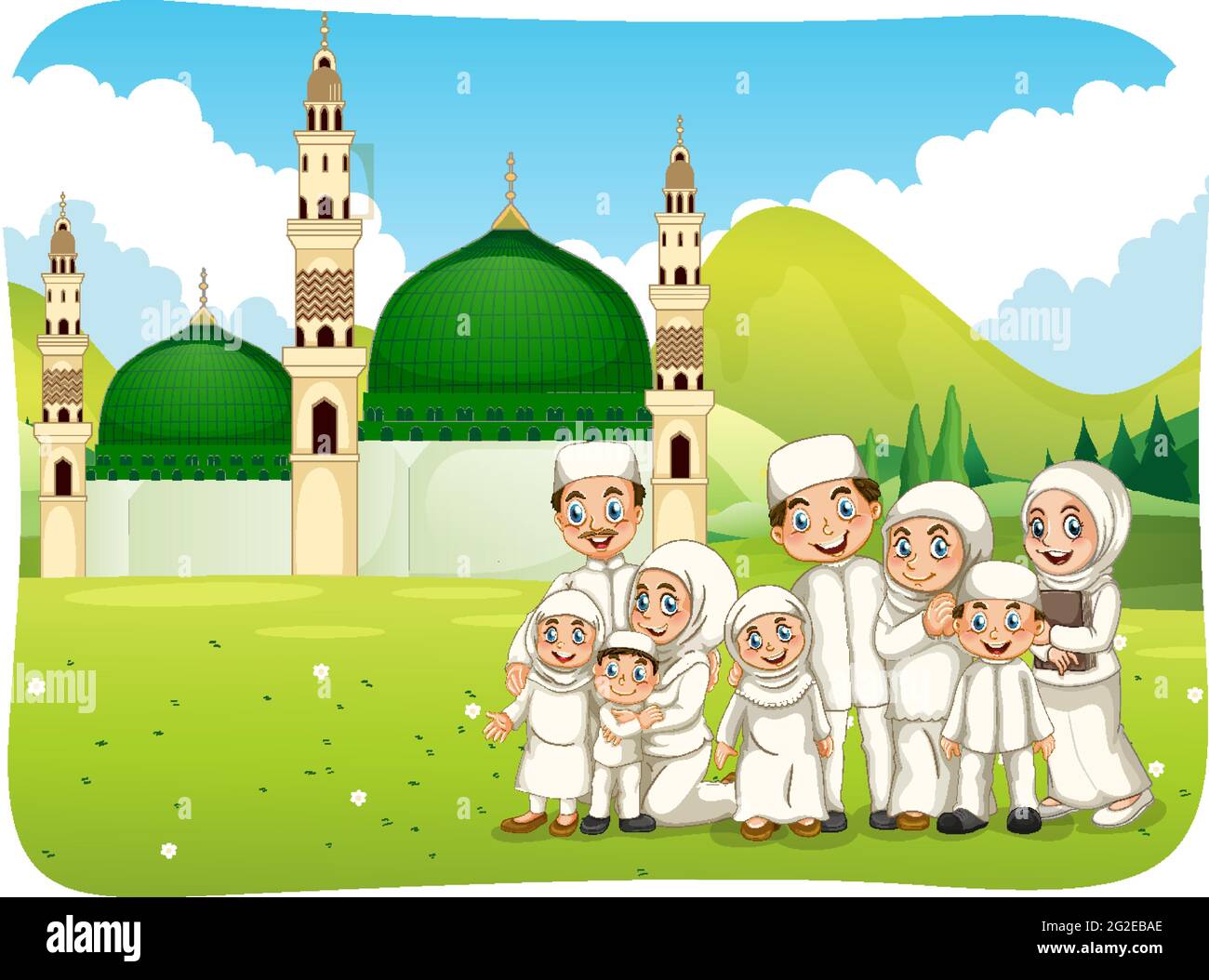 Outdoor scene with muslim family cartoon character illustration Stock ...