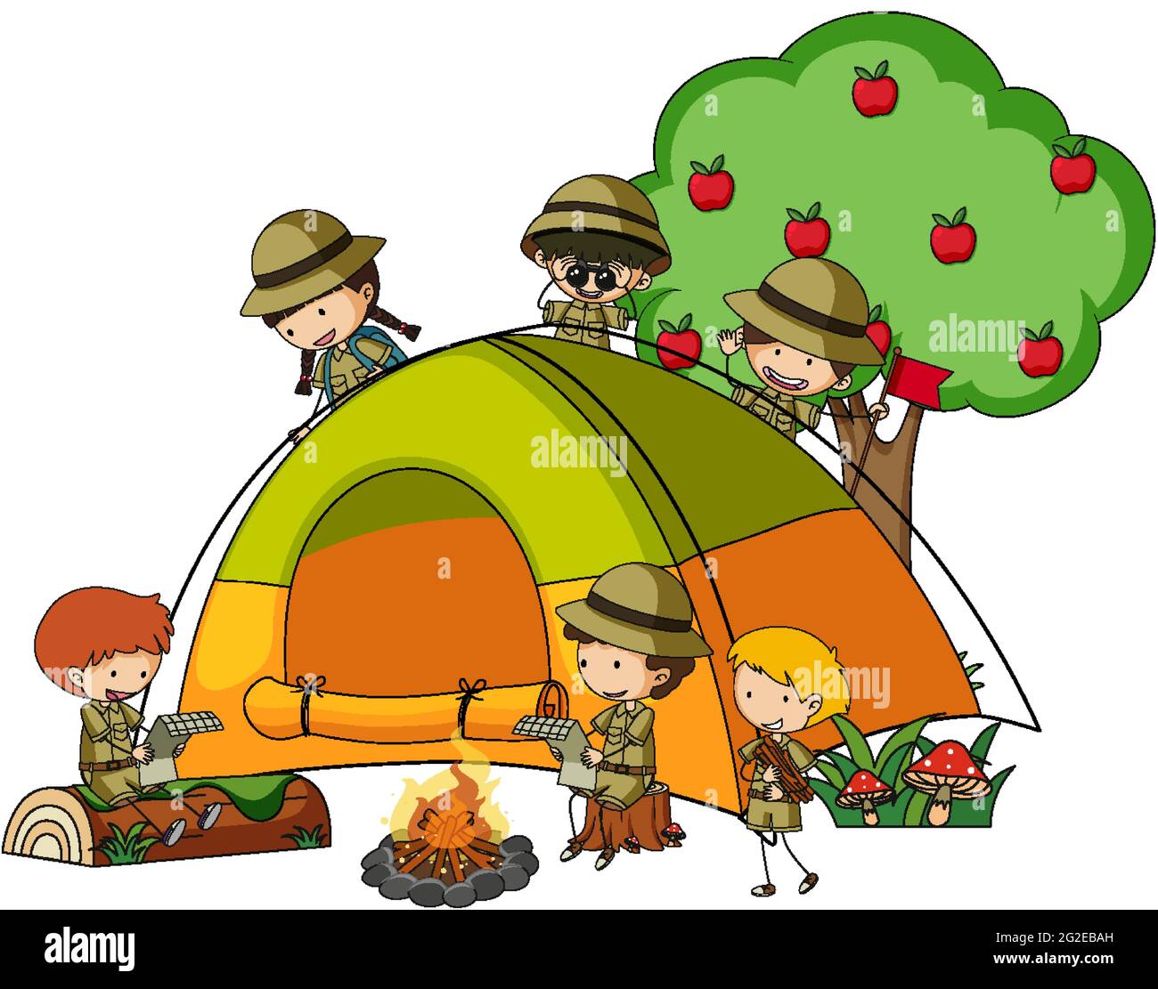 Camping tent with many kids cartoon character isolated illustration ...