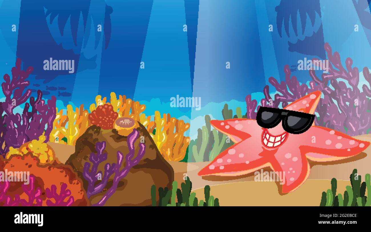 Underwater scene with starfish cartoon character and tropical coral ...
