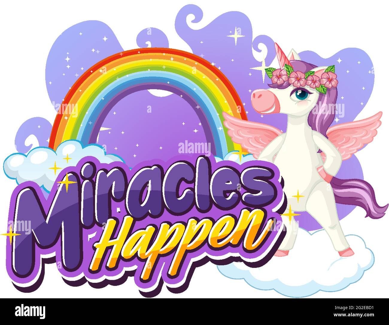 Unicorn cartoon character with Miracles Happen font banner illustration ...