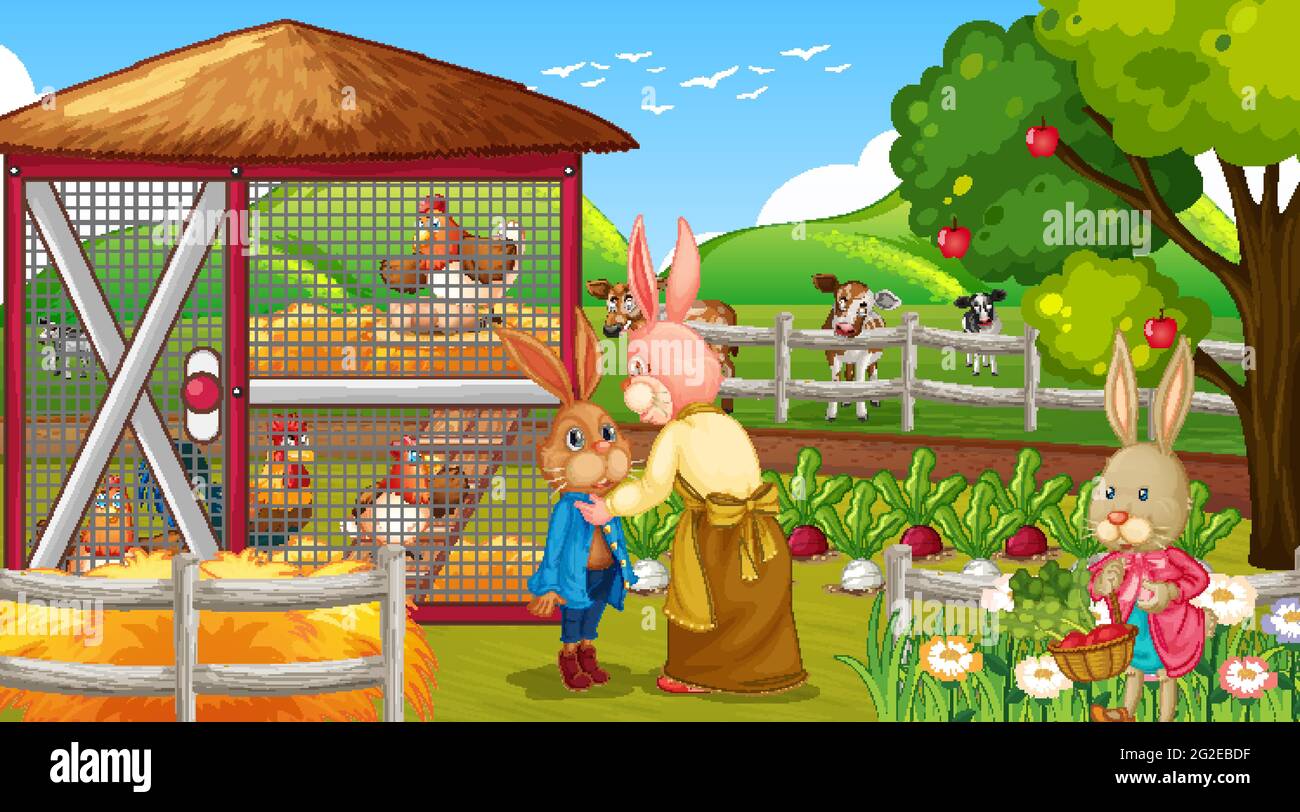 Garden scene with many rabbits cartoon character illustration Stock ...