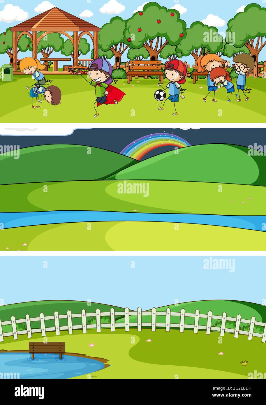 Set of different horizontal scenes background with doodle kids cartoon ...