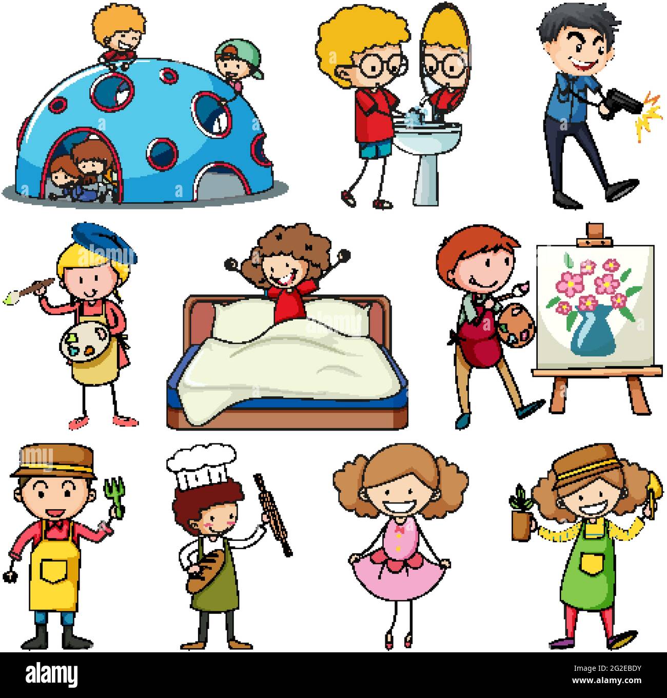 Set of different doodle kids cartoon character illustration Stock ...