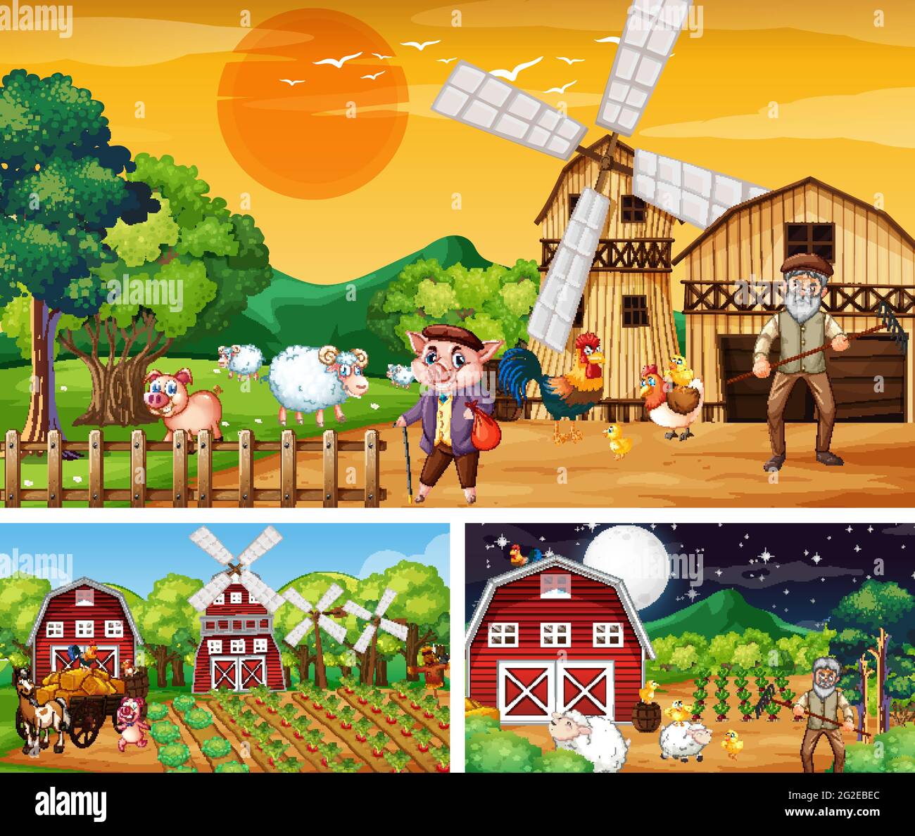 Different farm scenes with farm animals cartoon character illustration ...