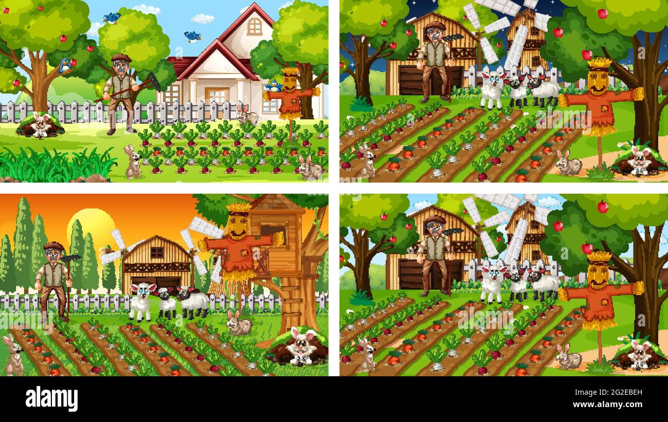 Different farm scenes with old farmer and animal cartoon character ...