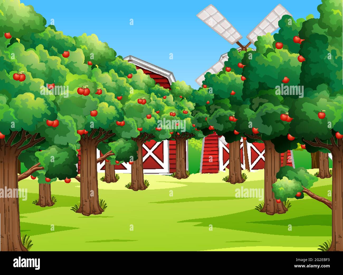 Farm scene with many apple trees illustration Stock Vector Image & Art ...