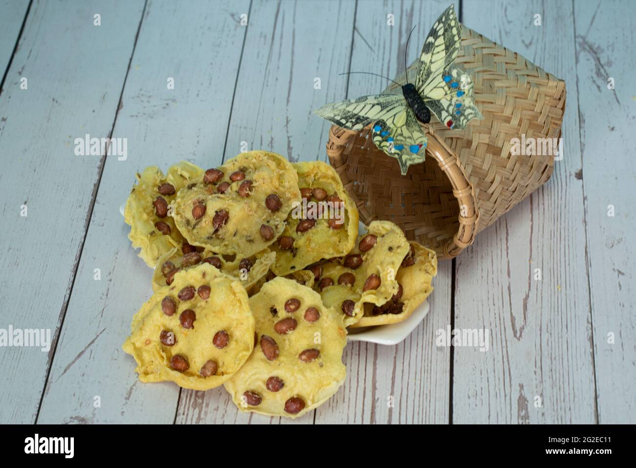 A serving of rempeyek. Rempeyek is a traditional cookies during Hari ...