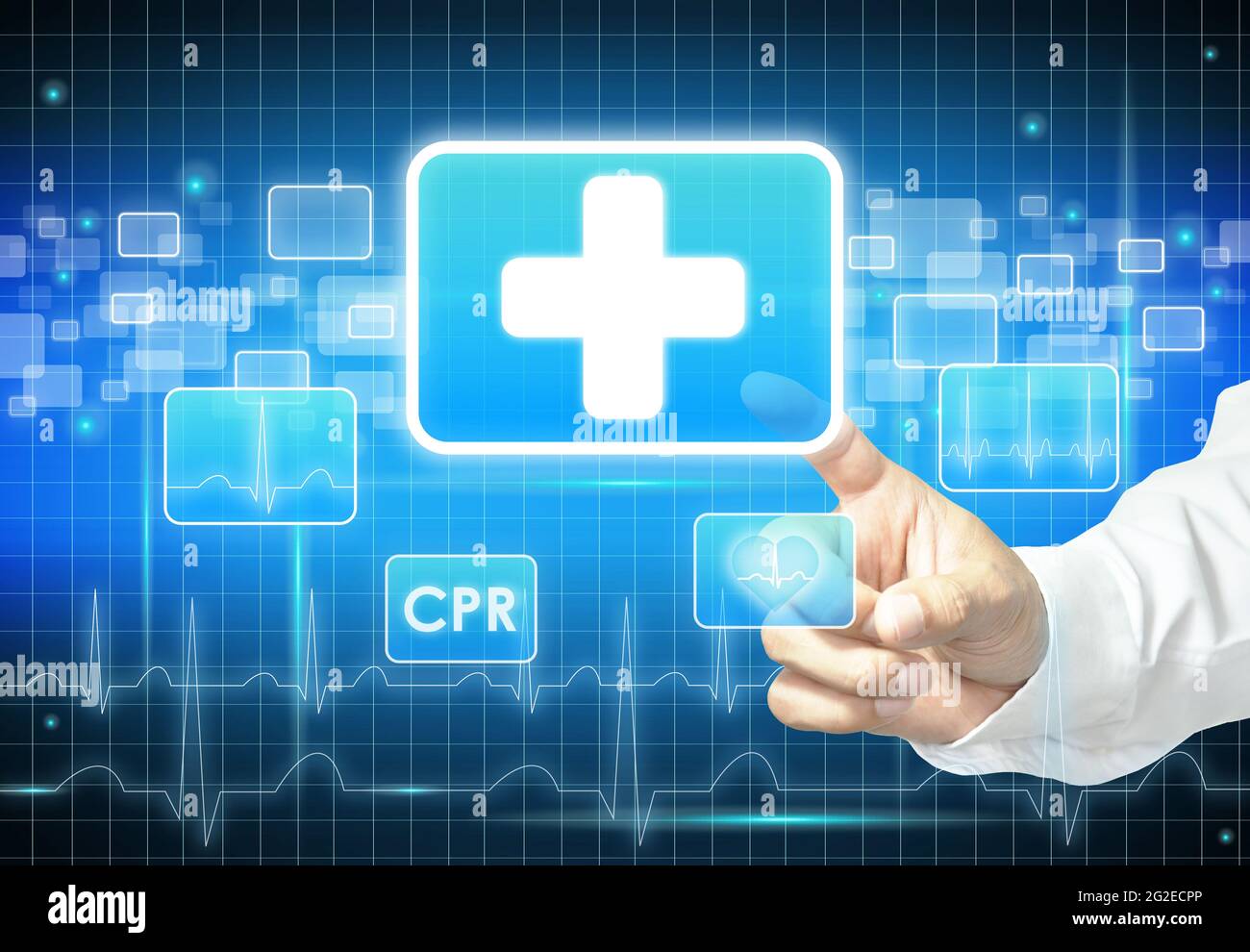 Doctor hand touching first aid sign Stock Photo - Alamy